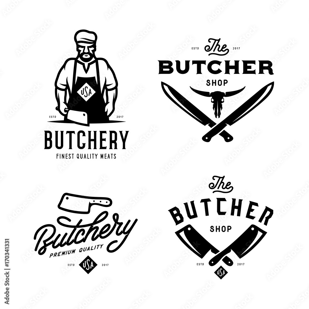Butcher shop labels badges emblems set. Vector vintage illustration ...