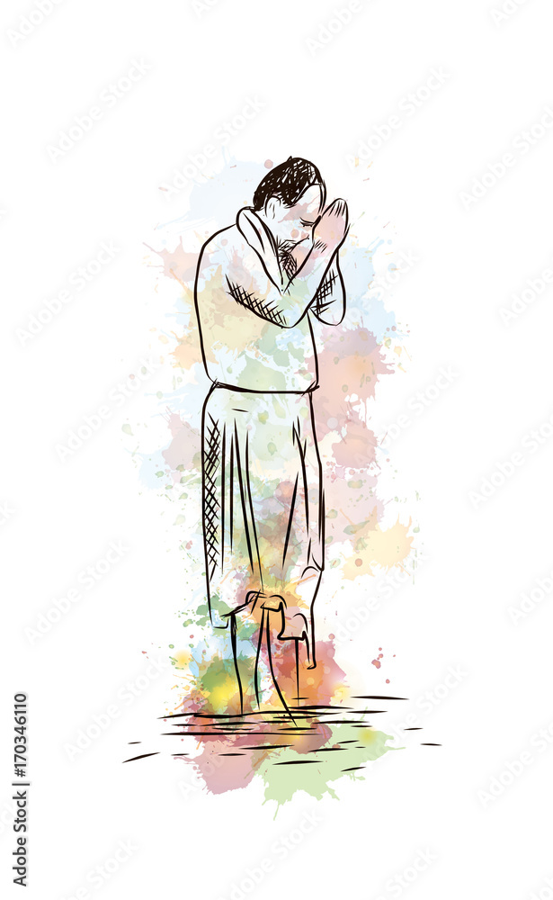 Watercolor sketch of Praying man, India in vector illustration. Stock ...