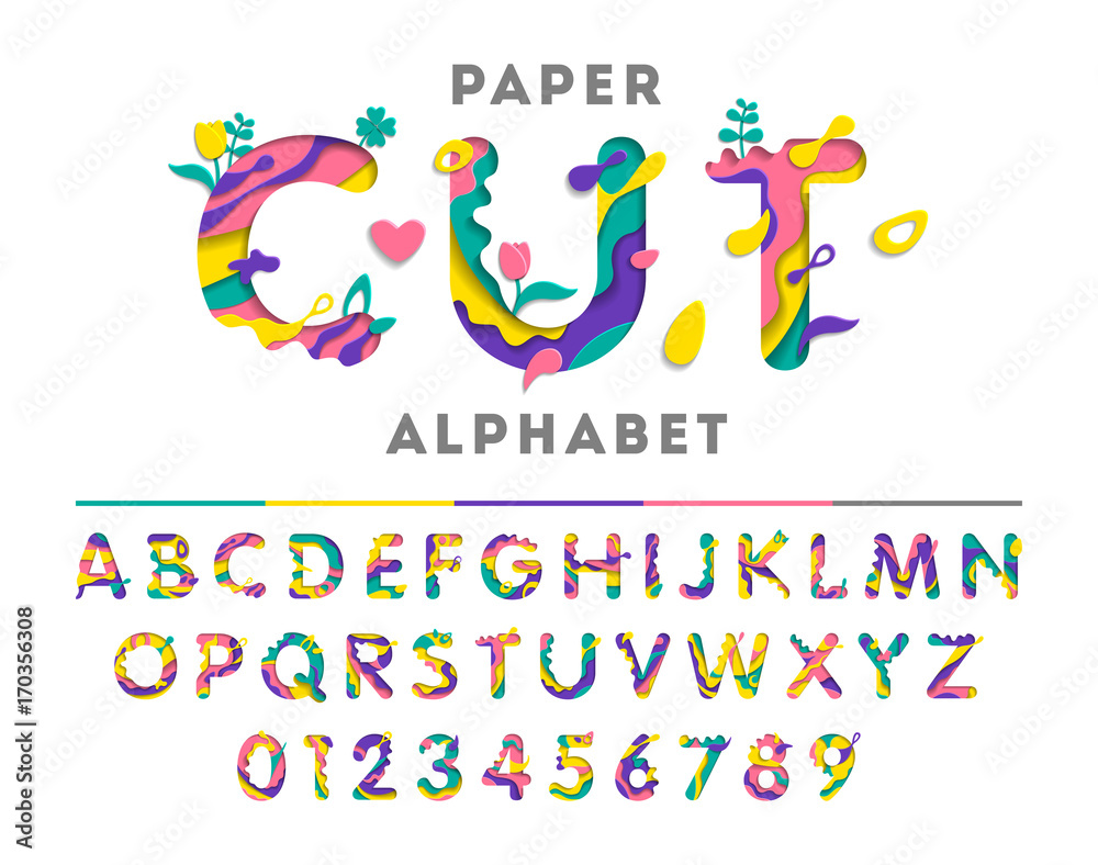 Colorful alphabet with abstract paper cut shapes or liquid paint. Paper ...