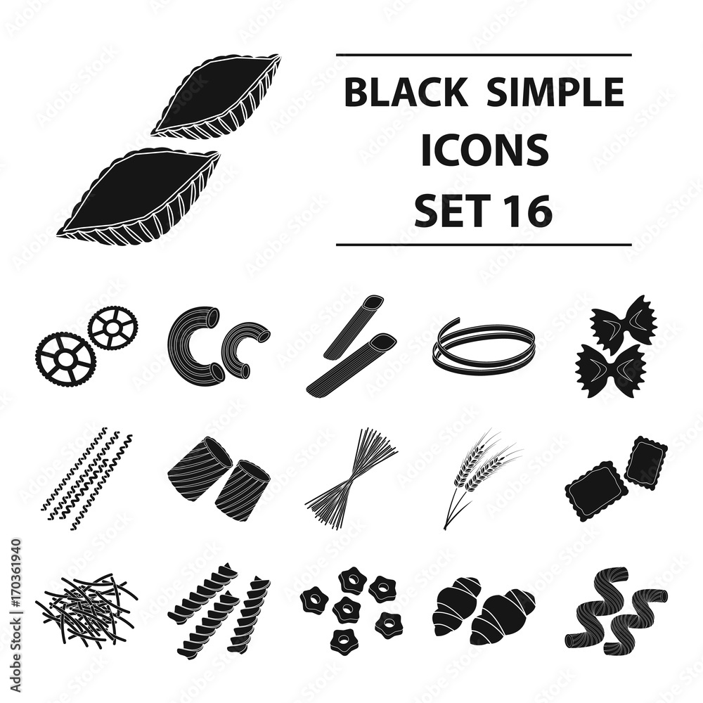 Types of pasta set icons in black style. Big collection of types of ...