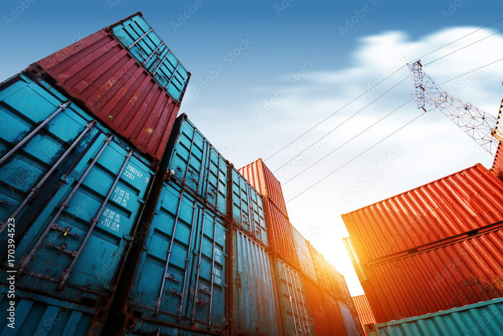 Fotografia do Stock: Forklift truck lifting cargo container in shipping ...