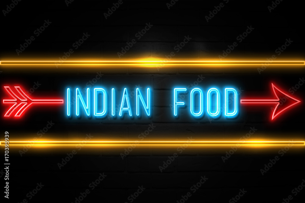 Indian Food - fluorescent Neon Sign on brickwall Front view Stock ...