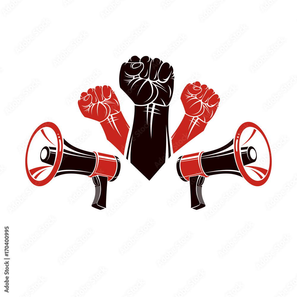 Vector advertising poster created using clenched fists raised up and ...