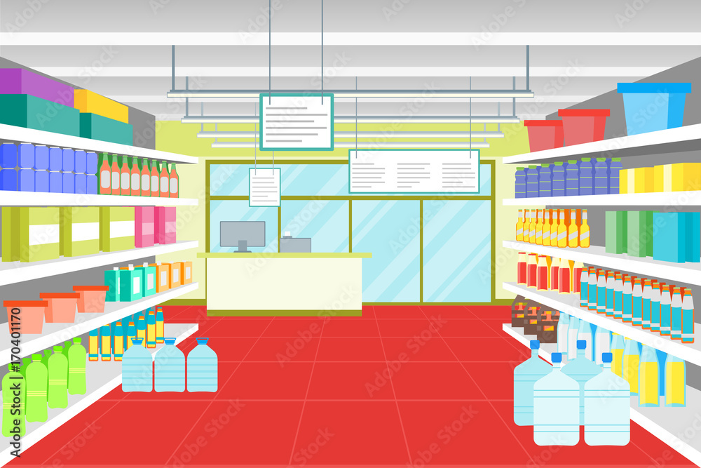 Cartoon Interior Shop or Supermarket with Furniture. Vector Stock ...