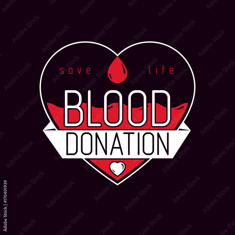 Blood donation inscription made with heart shape and blood drops ...