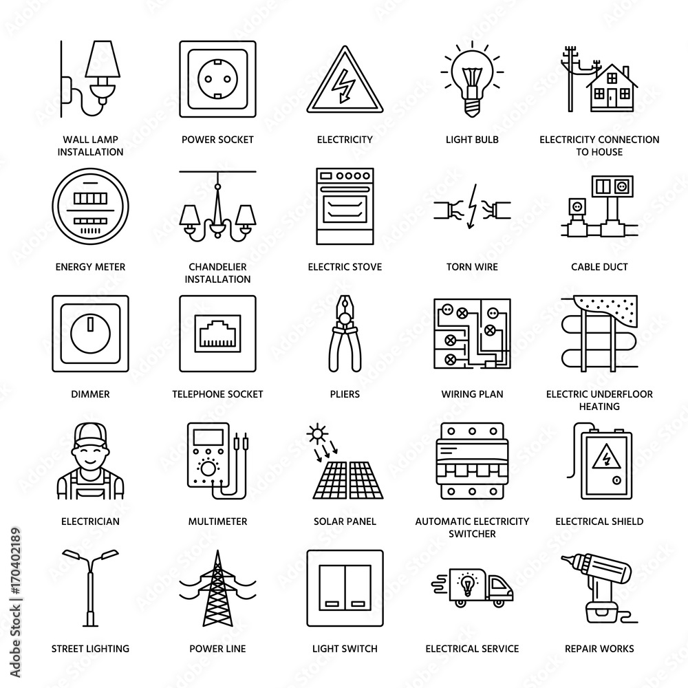 Electricity engineering vector flat line icons. Electrical equipment ...