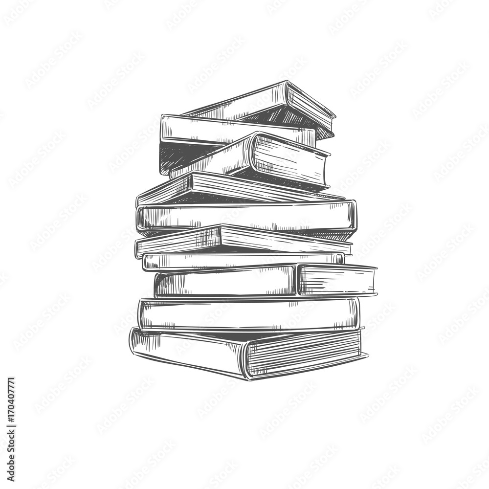 Vector Hand drawn illustration in sketch style. Library, Pile of books ...
