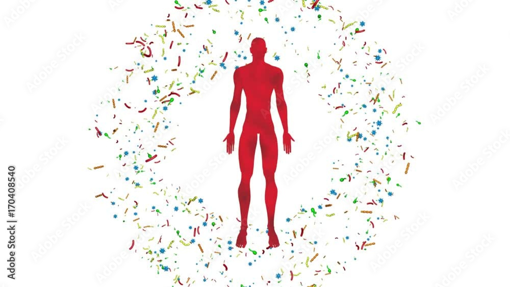 Microbiome bacteria, viruses, microbes surrounding man, male body. 3d ...