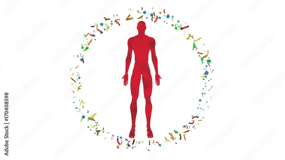 Microbiome bacteria, viruses, microbes surrounding man, male body. 3d ...