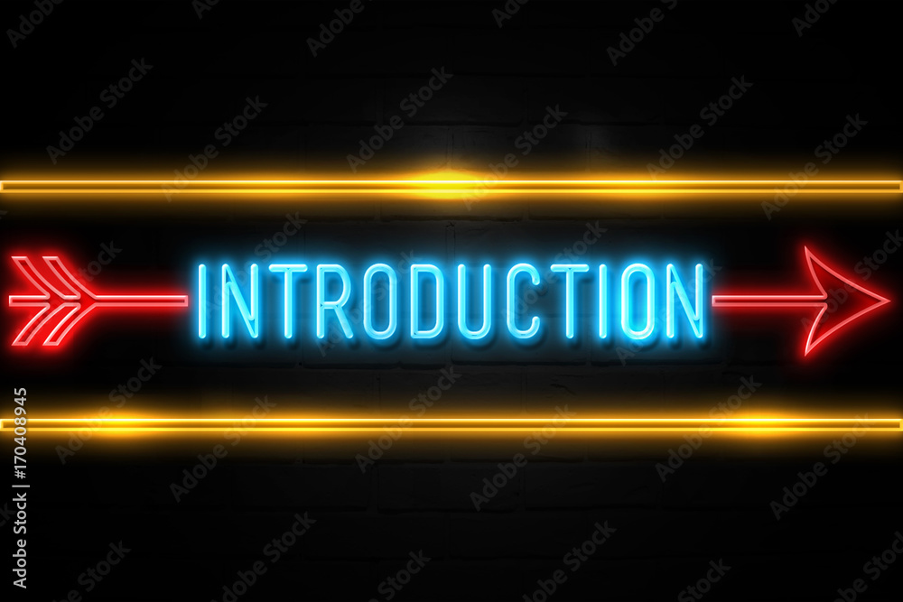 Introduction - fluorescent Neon Sign on brickwall Front view Stock ...