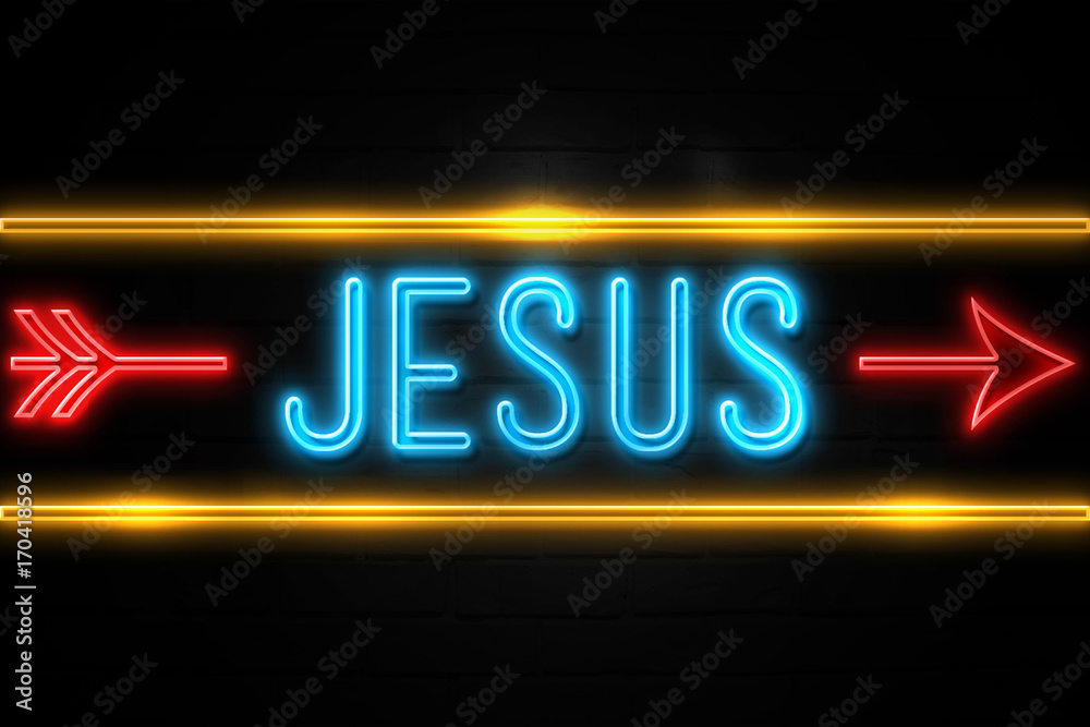 Jesus - fluorescent Neon Sign on brickwall Front view Stock ...