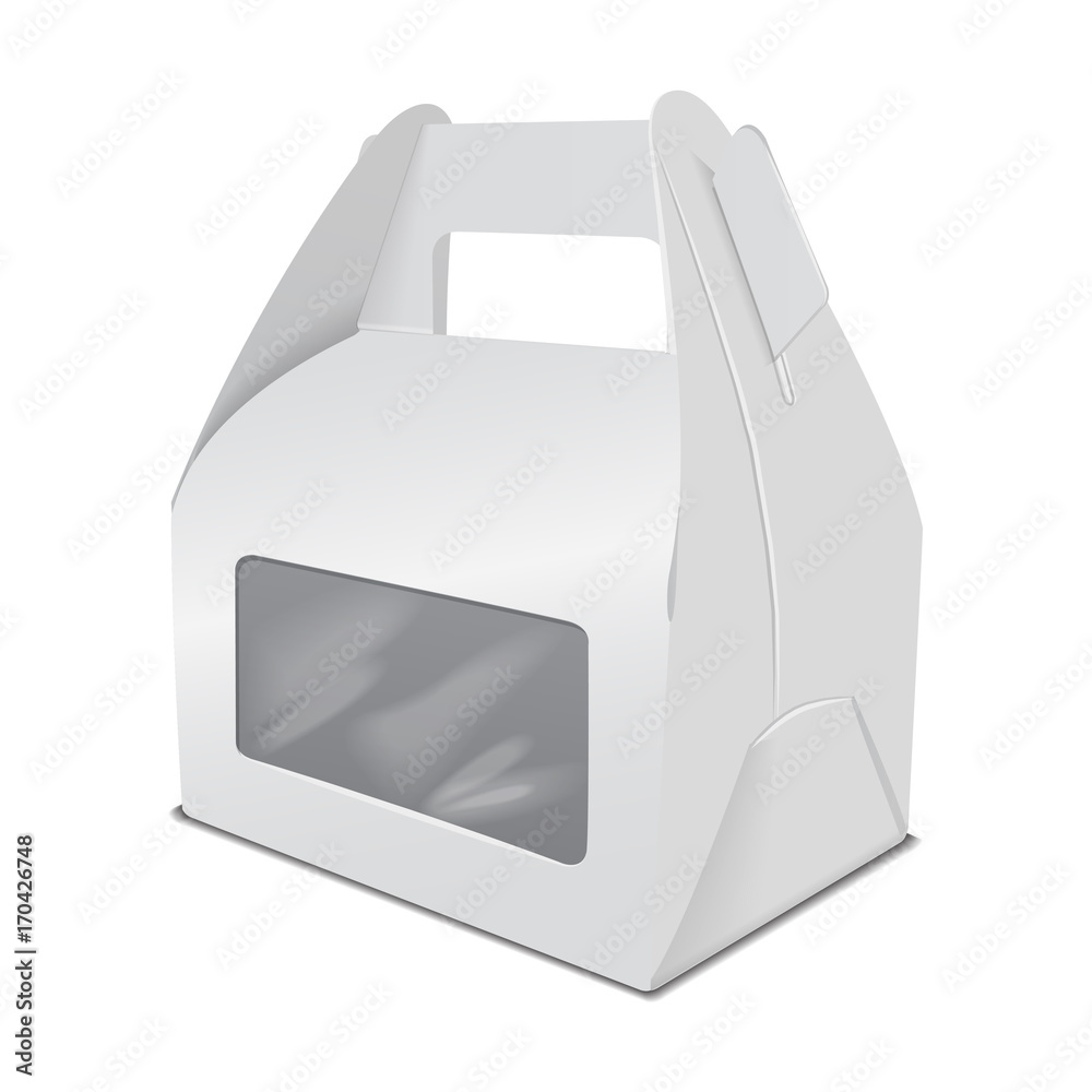 Realistic paper cake packaging box mock up, gift container with handle ...