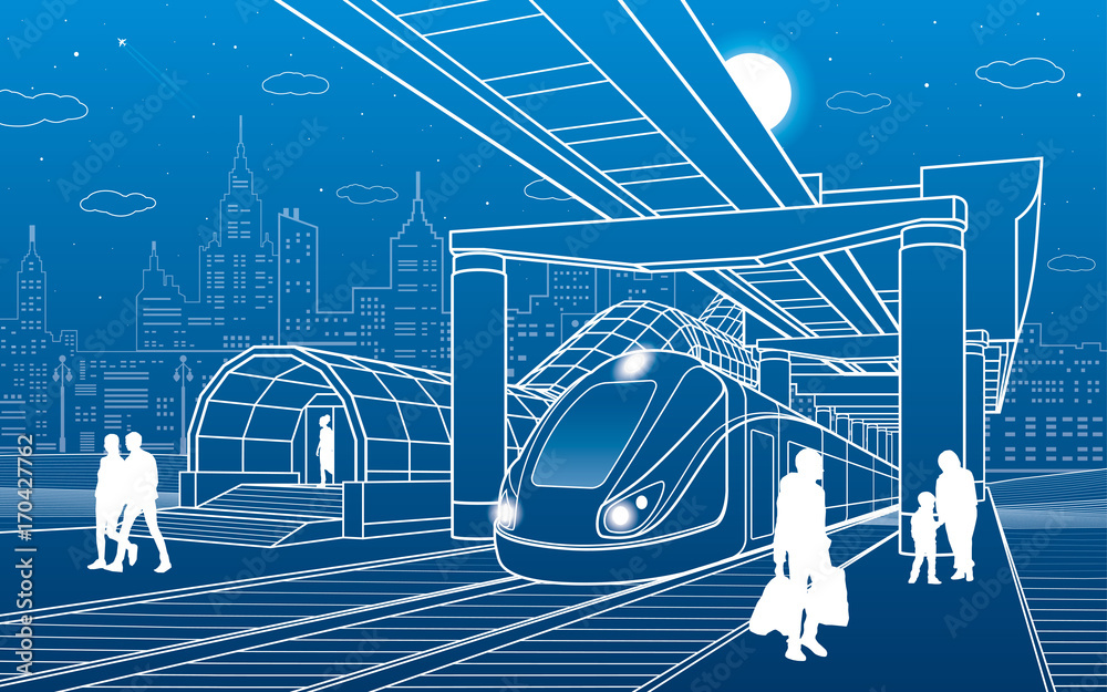 Infrastructure and transport illustration. Monorail railway. People ...
