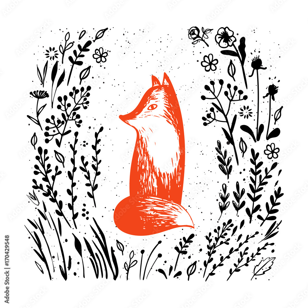 Hand drawn fox, flowers and plants. Vector illustration. Stock Vector ...
