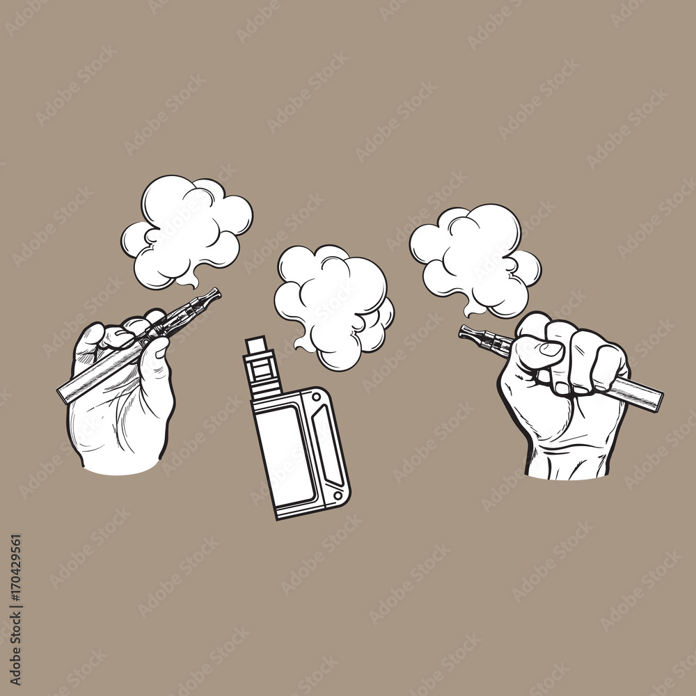 Male hand holding e-cigarette, electronic cigarette, vapor with smoke ...