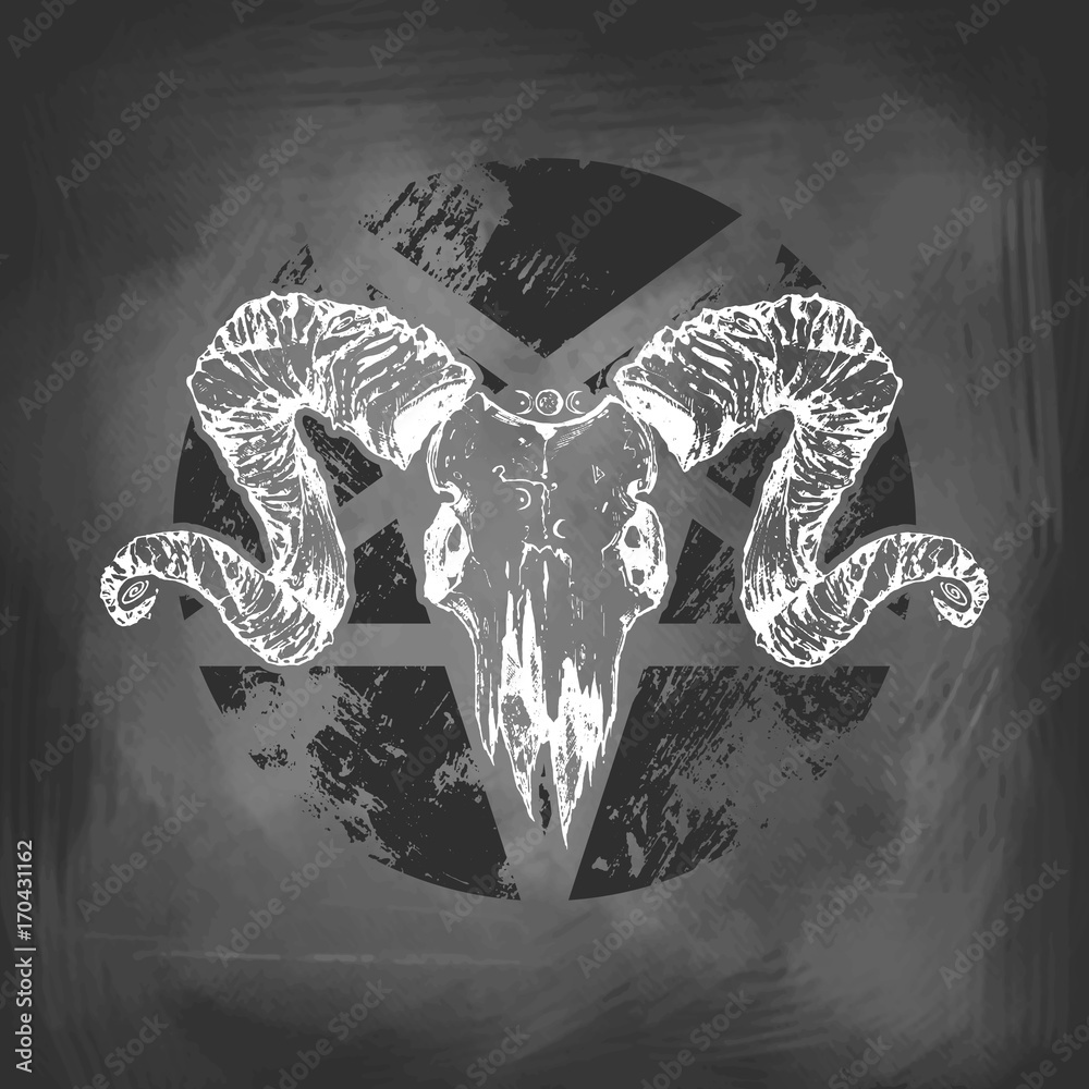 Beautiful goat skull with pentagram on the chalkboard. Drawn by hand ...