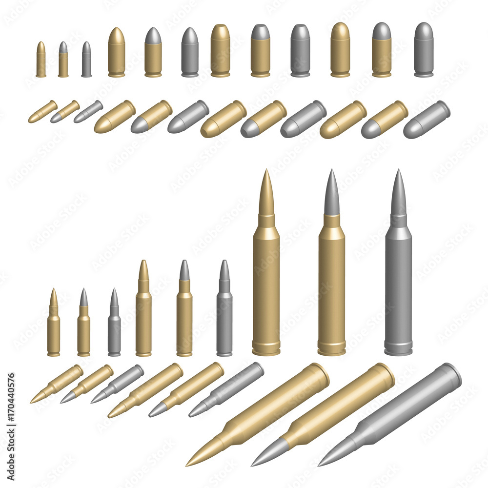 Variety of bullets illustrated in brass silver or steel casings Stock ...