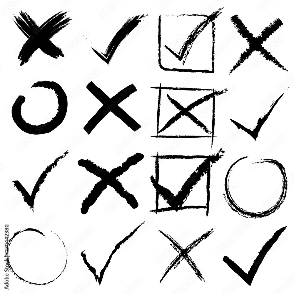 Cross and Hook, Check Mark Collection. Icons Set, Black on White ...