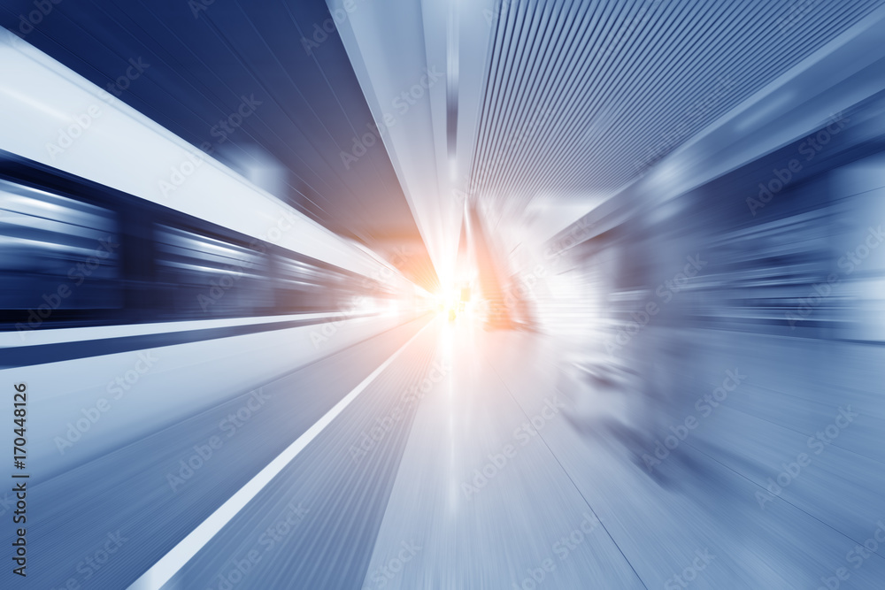 Super streamlined high speed train station tunnel with motion light ...