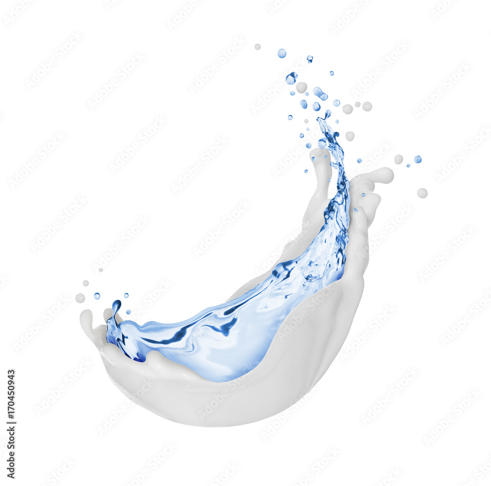 Splashes of cream with fresh water close-up, isolated on white ...