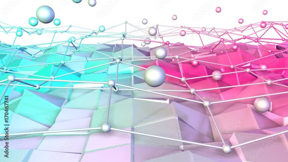 Low poly 3D surface with flying grid or mesh and moving spheres as CG ...
