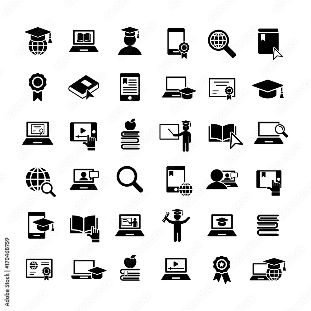 online study education 36 simple icons set black on white background ...