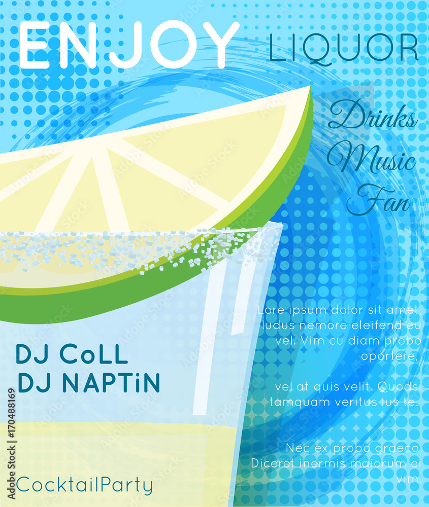 Tequila shot cocktail with slice of lime and salt on blue grunge circle ...