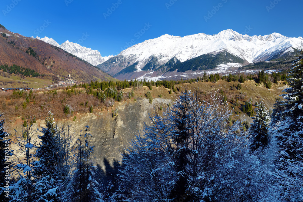 Spectacular Chalaadi Glacier, located on southern slope of the Causacus ...