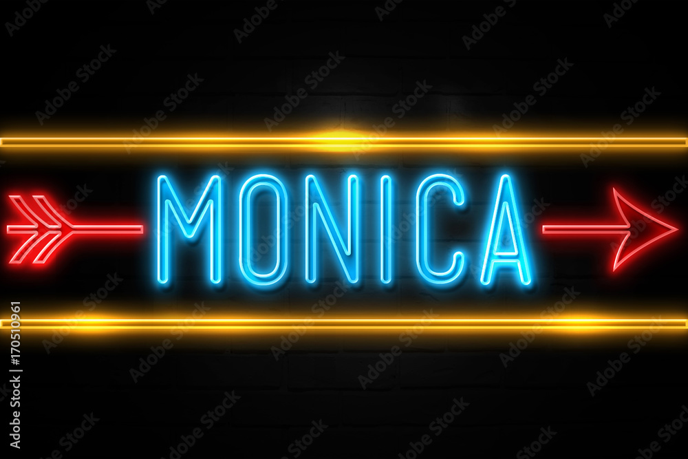 Monica - fluorescent Neon Sign on brickwall Front view Stock ...