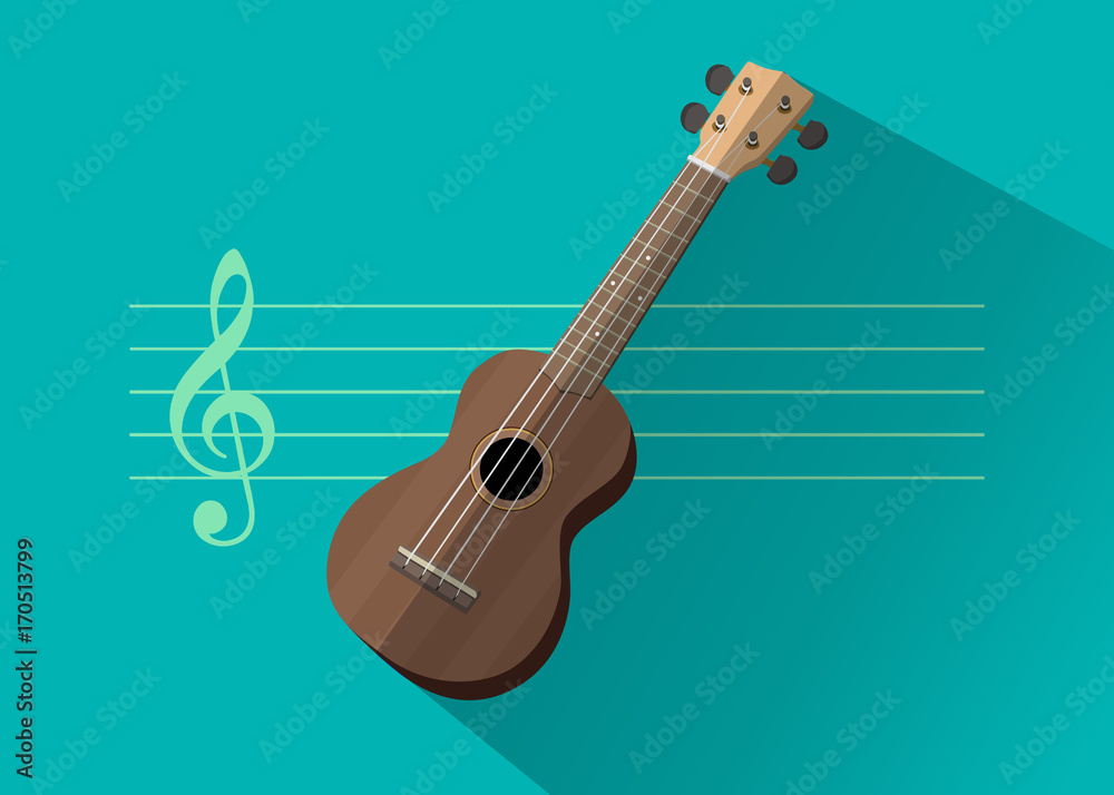 Ukulele style flat design on isolated background with musical scale ...
