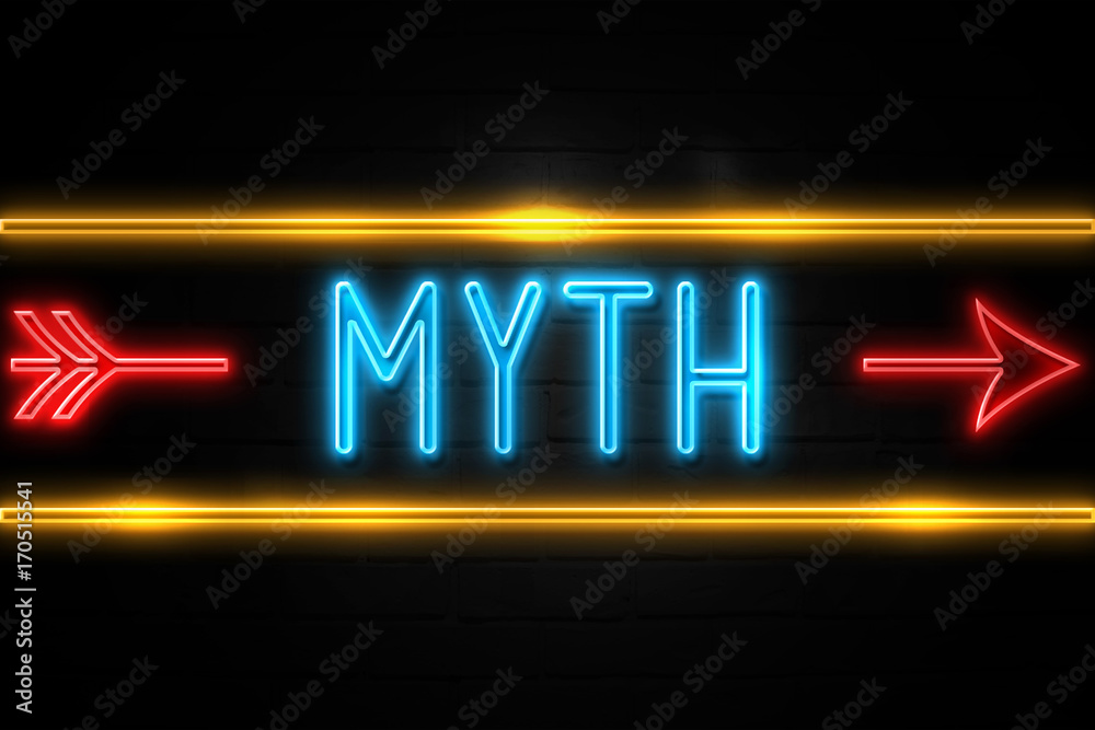Myth - fluorescent Neon Sign on brickwall Front view Stock Illustration ...