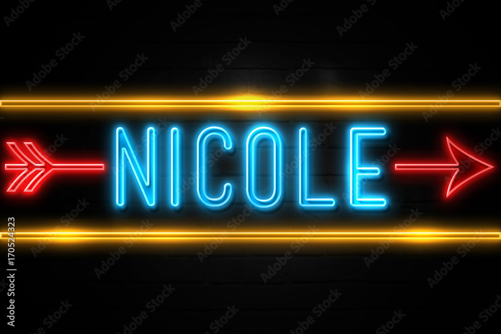 Nicole - fluorescent Neon Sign on brickwall Front view Stock ...