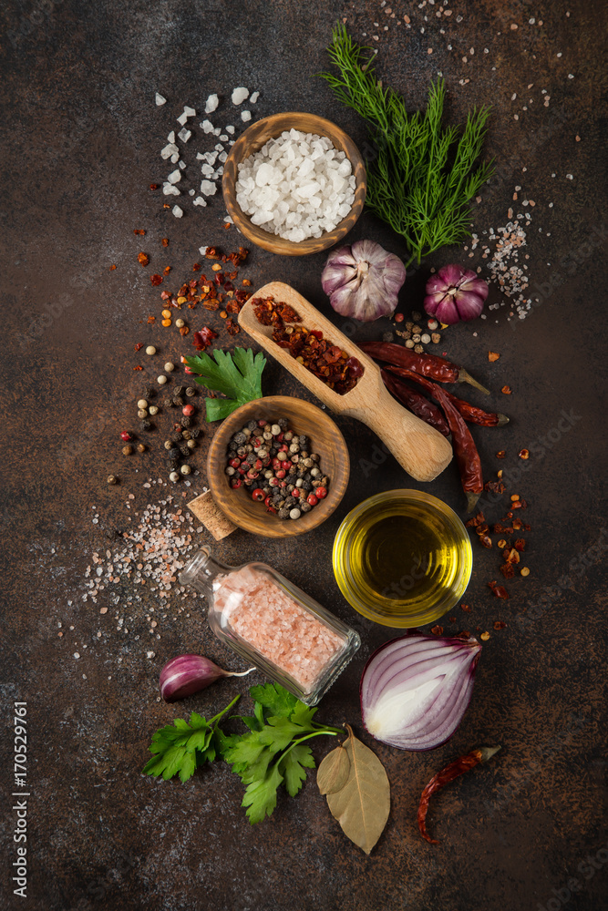 food background with various herbs and spices. Stock Photo | Adobe Stock
