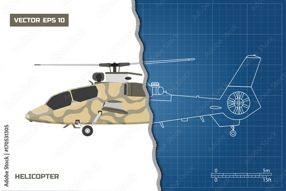 Engineering blueprint of military helicopter. Helicopters view: top ...
