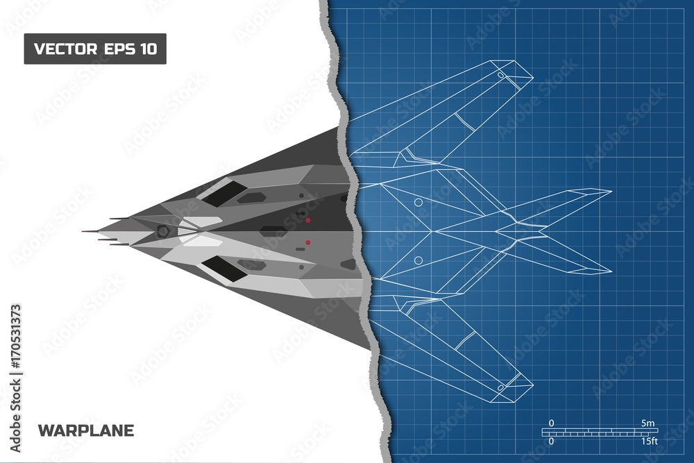 Outline drawing of plane on a blue background. Industrial blueprint of ...