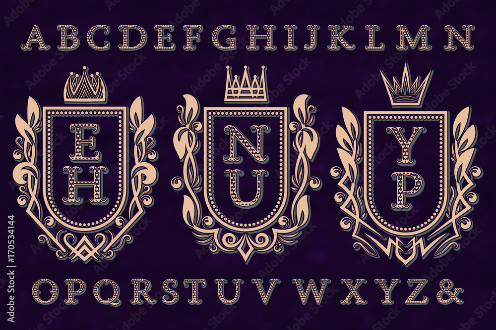 Vintage initial logos kit. Coat of arms frames, patterned letters ...