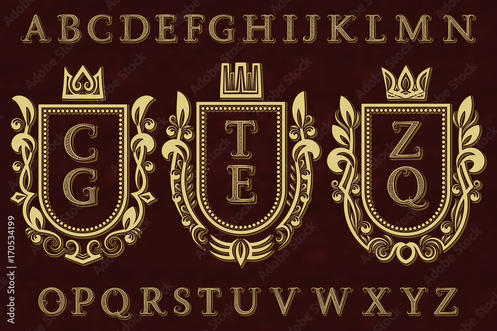 Vintage initial logos kit. Coat of arms frames, patterned letters ...