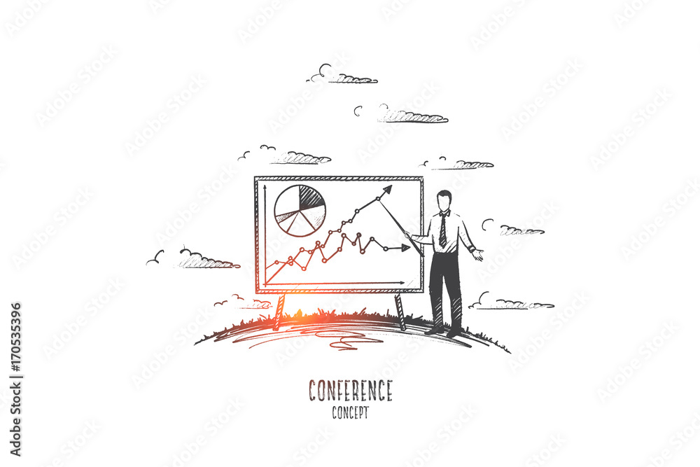 Conference concept. Hand drawn man with pointer near board with ...