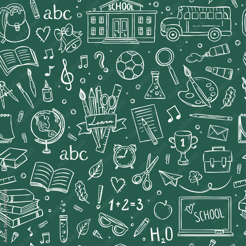 Seamless school pattern. Hand drawn school and education illustrations ...