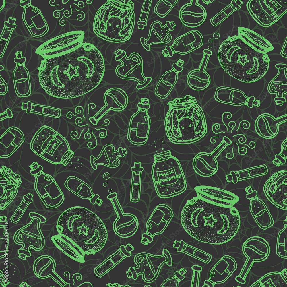 Vector hand drawn green alchemy bottles seamless pattern on the dark ...