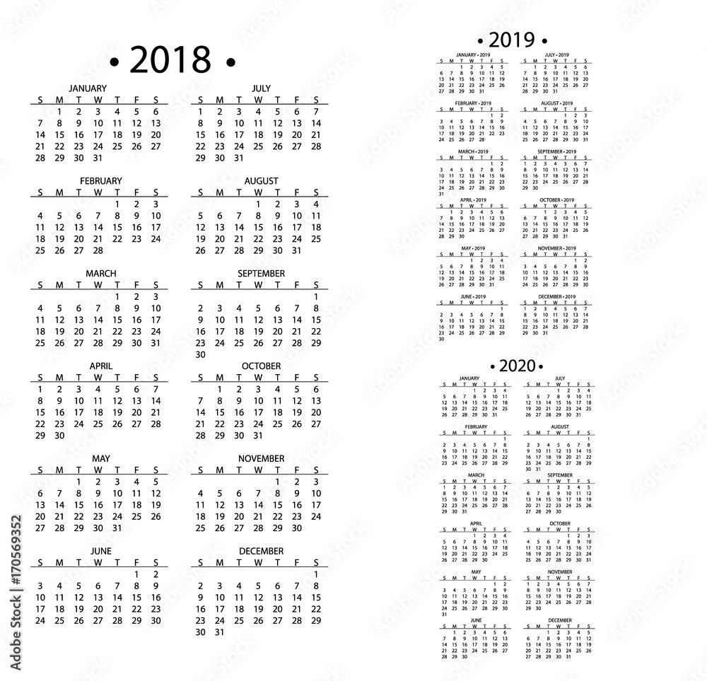 Simple calendar for 2018 and 2019, 2020 years template date day design ...