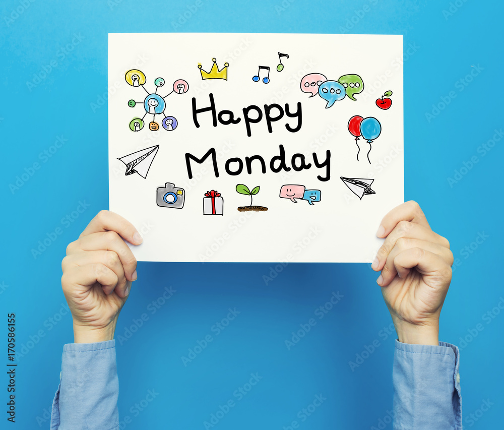 Happy Monday text on a white poster on a blue background Stock Photo ...