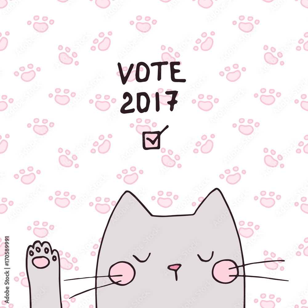 Cute vector voting cat face with paw, hand drawn outlines illustration ...