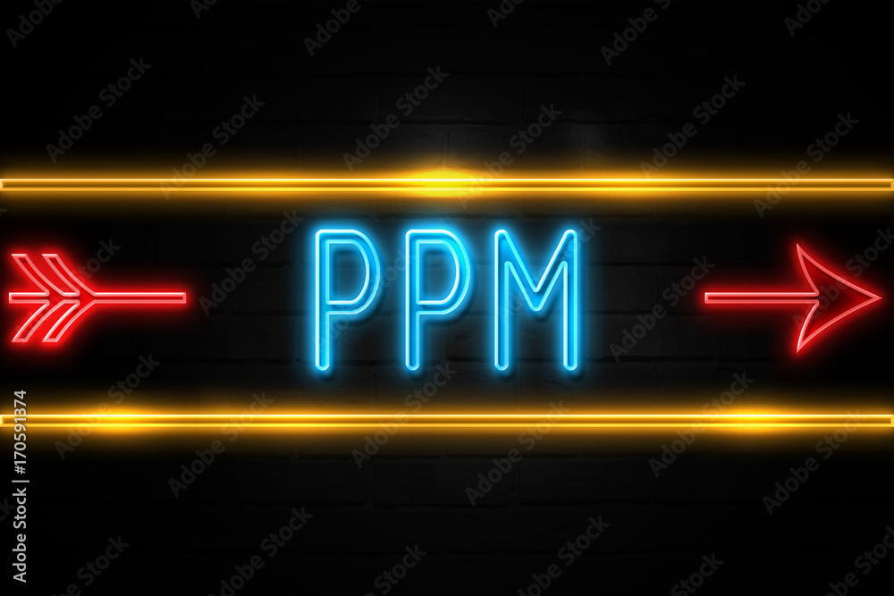 Ppm - fluorescent Neon Sign on brickwall Front view Stock Illustration ...