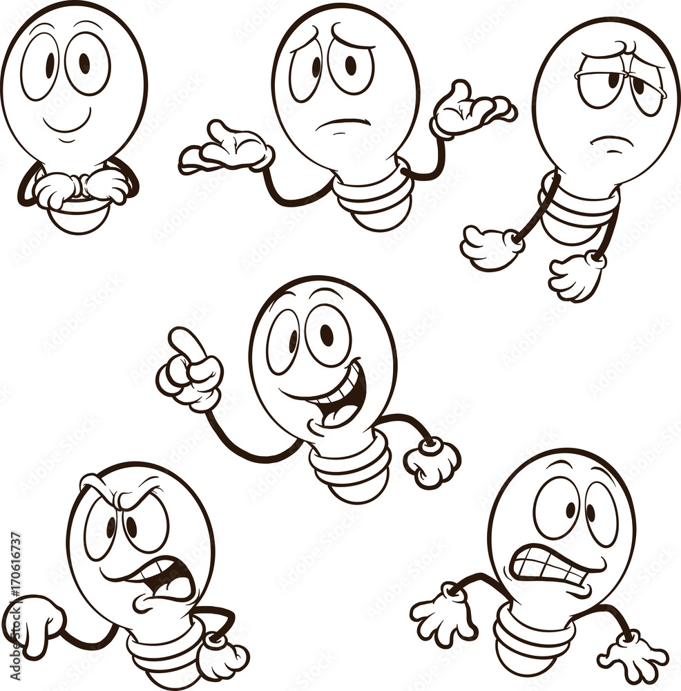 Cartoon light bulb in different poses. Vector clip art illustration ...