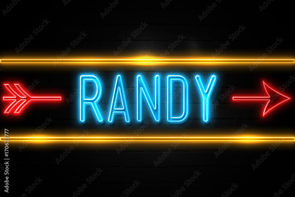 Randy - fluorescent Neon Sign on brickwall Front view Stock ...