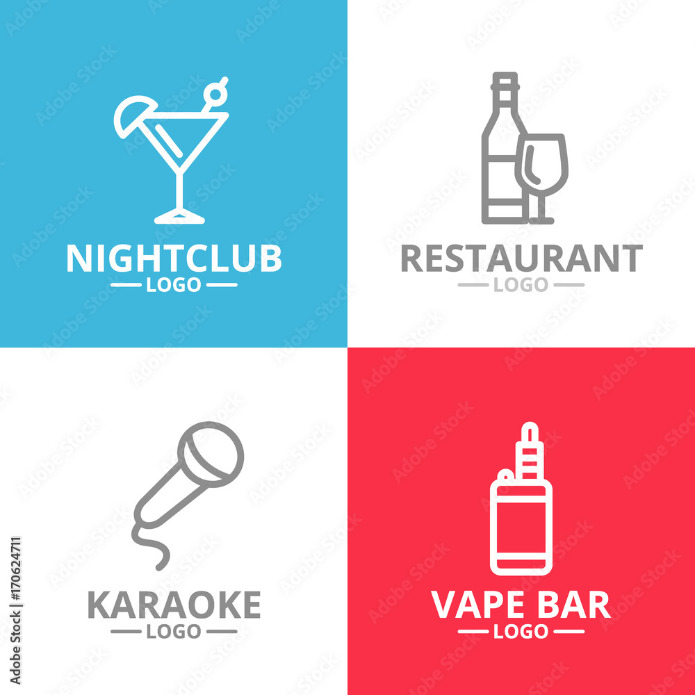 Set of night club, karaoke, disco, cocktail logo or insignia, emblems ...