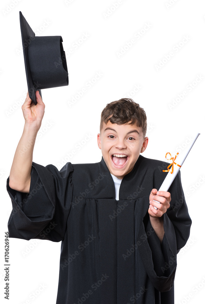 Portrait of happy graduate teen boy student in black graduation gown ...