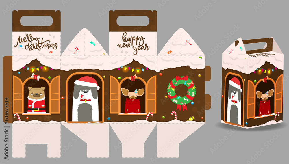 Printable gift gingerbread house with happy dogs. New Year Decor ...
