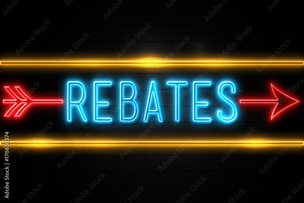 Rebates - fluorescent Neon Sign on brickwall Front view Stock ...